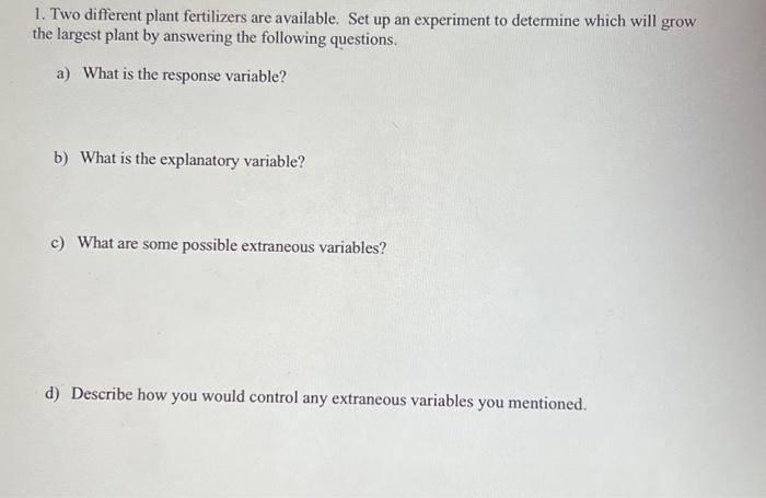 Solved 1. Two different plant fertilizers are available. Set | Chegg.com
