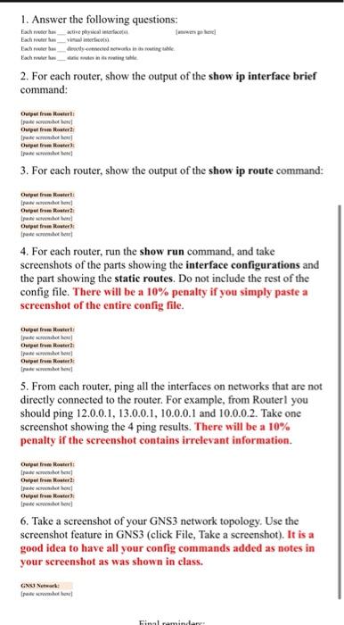 Solved Assignment 2: Static Routing Student Name: Class | Chegg.com
