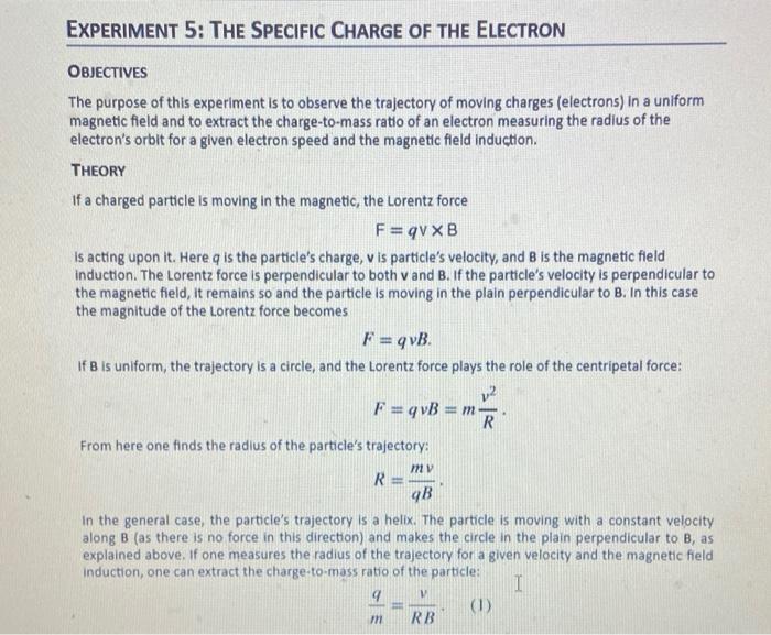 Solved EXPERIMENT 5: THE SPECIFIC CHARGE OF THE ELECTRON | Chegg.com