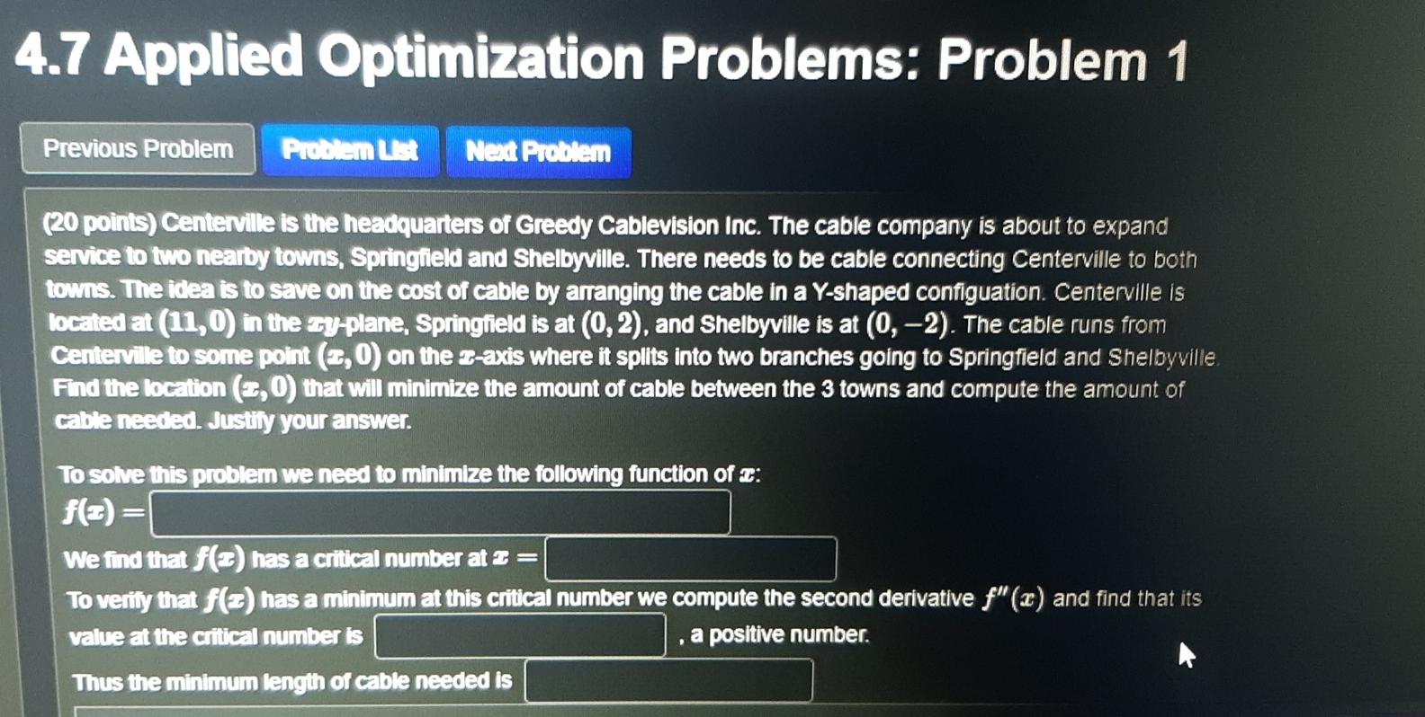 Solved 4.7 Applied Optimization Problems: Problem 1 Previous | Chegg.com