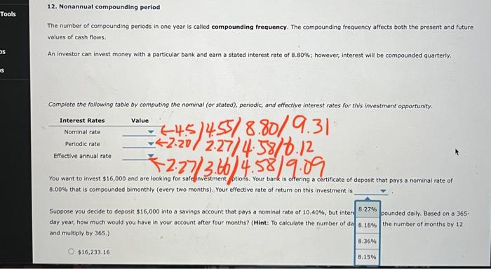 Solved 12. Nonannual compounding period Tools The number of | Chegg.com