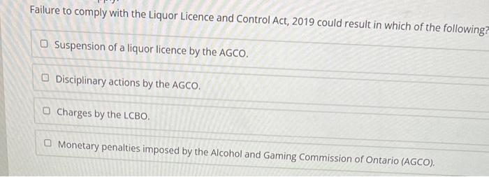 Solved Failure to comply with the Liquor Licence and Control | Chegg.com