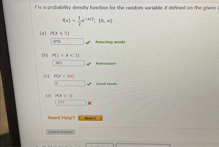Solved f is a probability density function for the random | Chegg.com