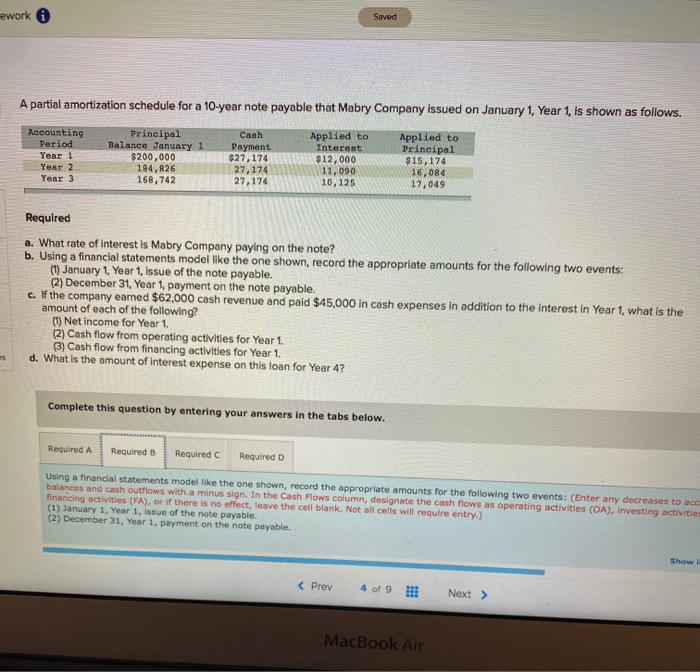 Solved ework Saved A partial amortization schedule for a | Chegg.com