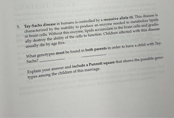 Solved 5. Tay-Sachs disease in humans is controlled by a | Chegg.com