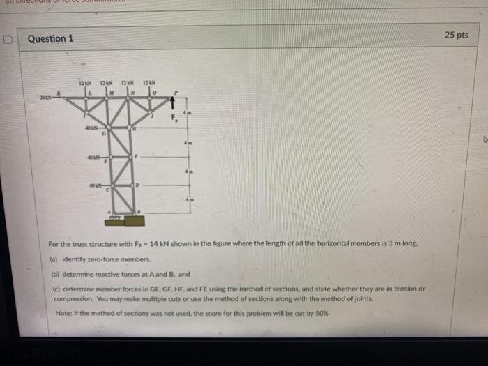 Solved Question 1 25 pts 12N 1 For the truss structure with | Chegg.com Solved Question 1 25 pts 12N 1 For the truss structure with | Chegg.com