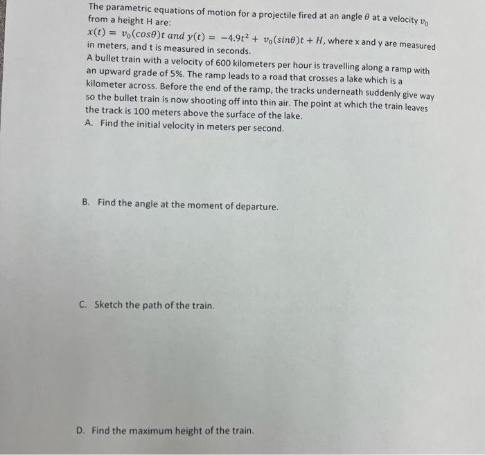 Solved The parametric equations of motion for a projectile | Chegg.com