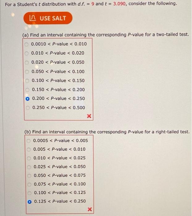 Solved For a Student's t distribution with d.f. = 9 and t = | Chegg.com