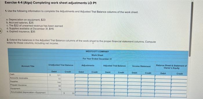 Solved Exercise 4-4 (Algo) Completing work sheet adjustments | Chegg.com Solved Exercise 4-4 (Algo) Completing work sheet adjustments | Chegg.com