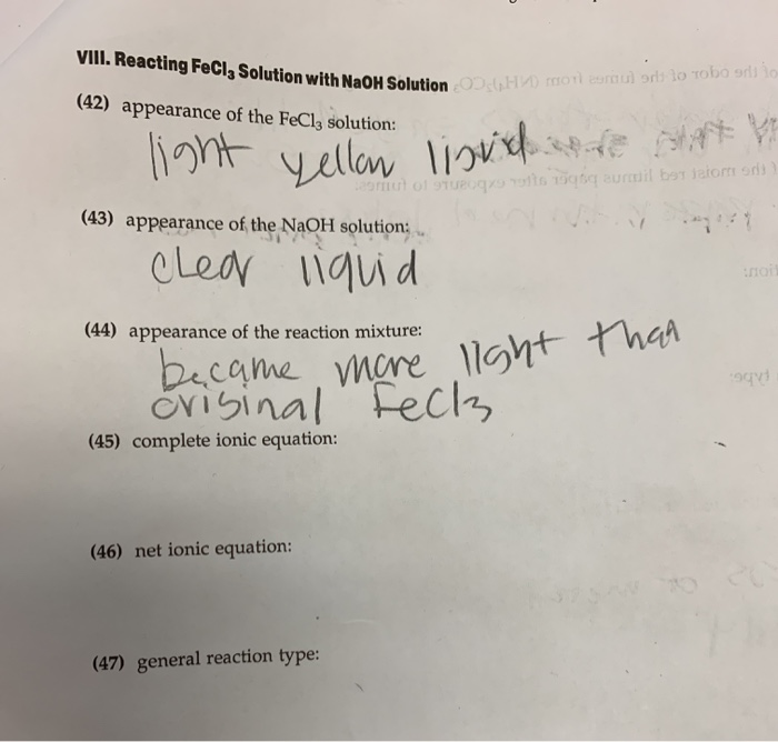 Solved VIII. Reacting FeCl, Solution with NaOH Solution OH | Chegg.com