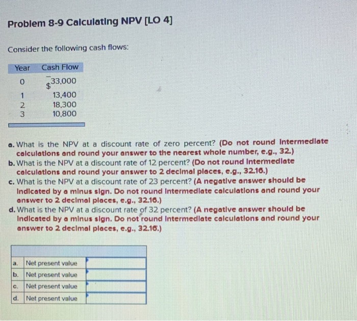 Solved Problem 8-9 Calculating NPV [LO 4] Consider the | Chegg.com