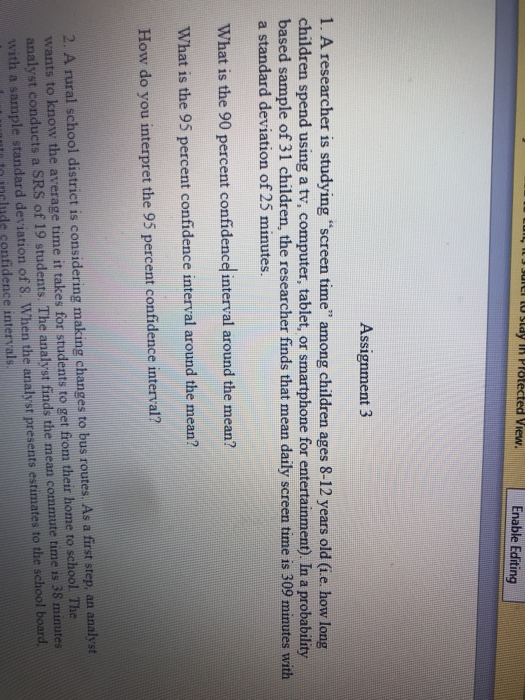 Solved U I sure to Stay in Protected View. Enable Editing | Chegg.com