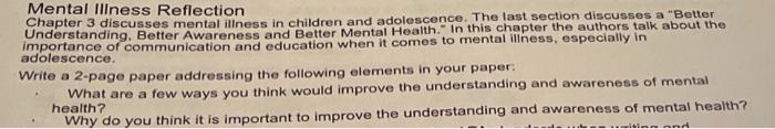 Solved Mental Illness Reflection Chapter 3 discusses mental | Chegg.com