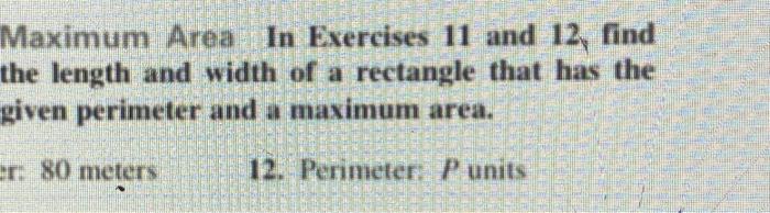 Solved Maximum Area In Exercises 11 and 12 , find the length | Chegg.com