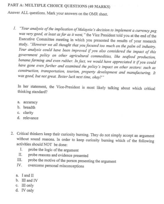 Solved PART A: MULTIPLE CHOICE QUESTIONS (40 MARKS) Answer | Chegg.com