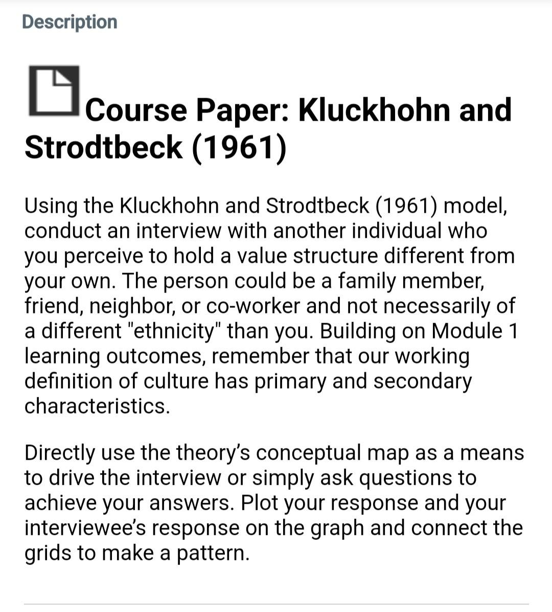 Description Course Paper: Kluckhohn and Strodtbeck | Chegg.com