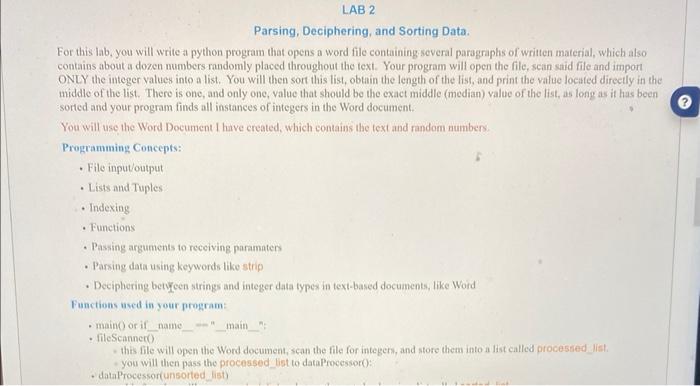 Solved Parsing, Deciphering, and Sorting Data. For this lab, | Chegg.com