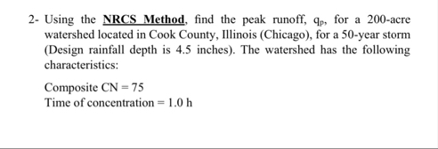 Solved 2- ﻿Using the NRCS Method, find the peak runoff, qp, | Chegg.com