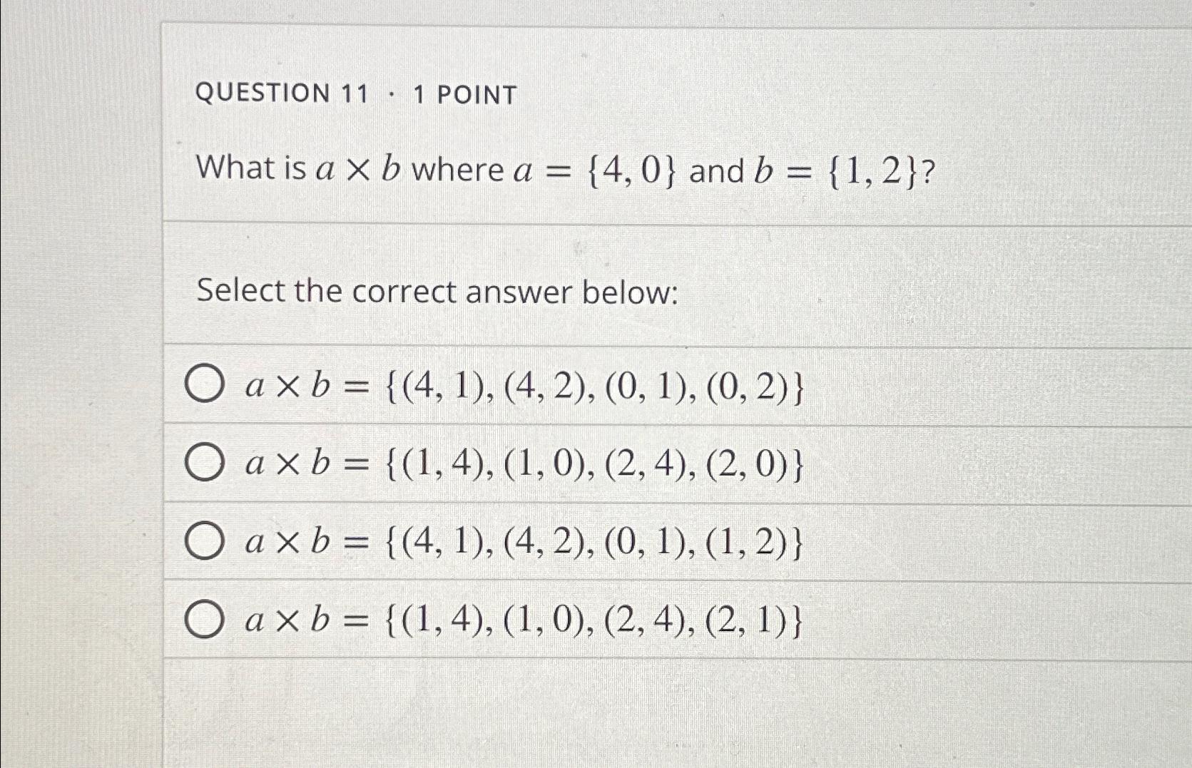 Solved QUESTION 11 - 1 ﻿POINTWhat is a×b ﻿where a={4,0} ﻿and | Chegg.com