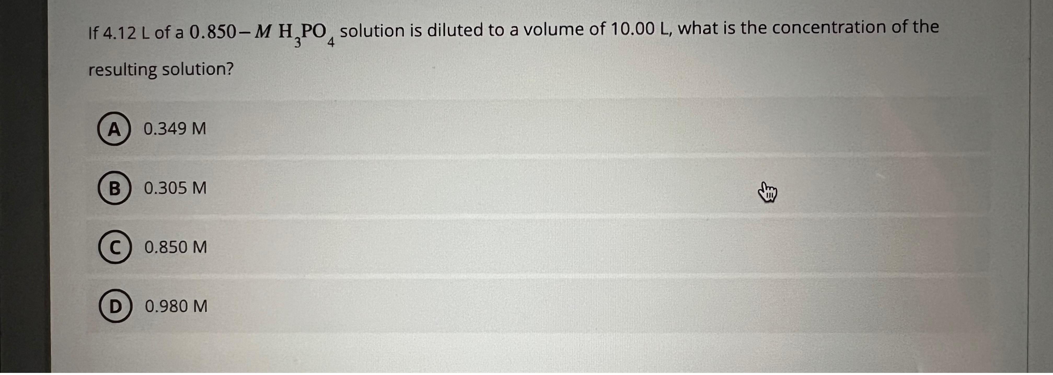 Solved If 4.12L ﻿of a 0.850-MH3PO4 ﻿solution is diluted to a | Chegg.com
