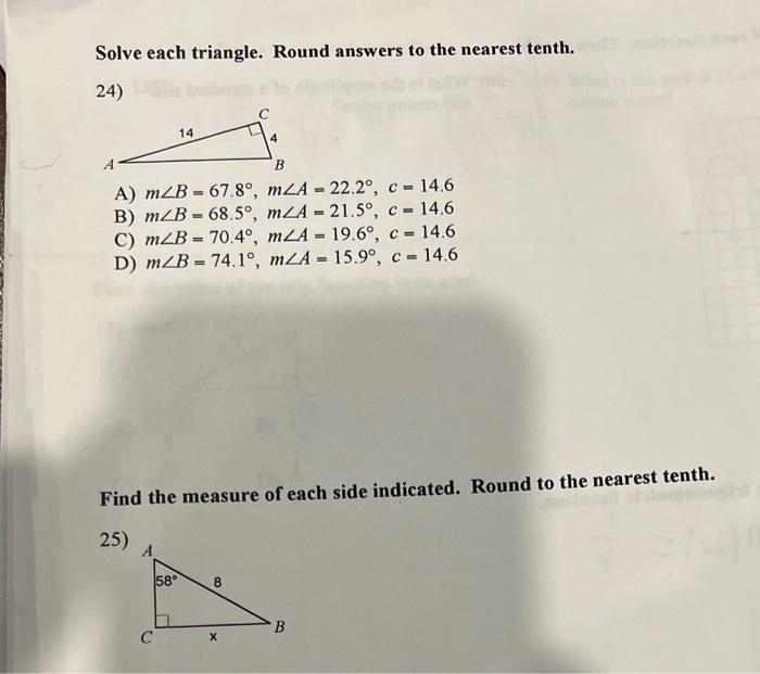 Solved Solve each triangle. Round answers to the nearest | Chegg.com