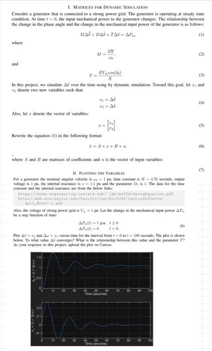 Solved I. Matrices for DYNamic Simelation Coesider a | Chegg.com
