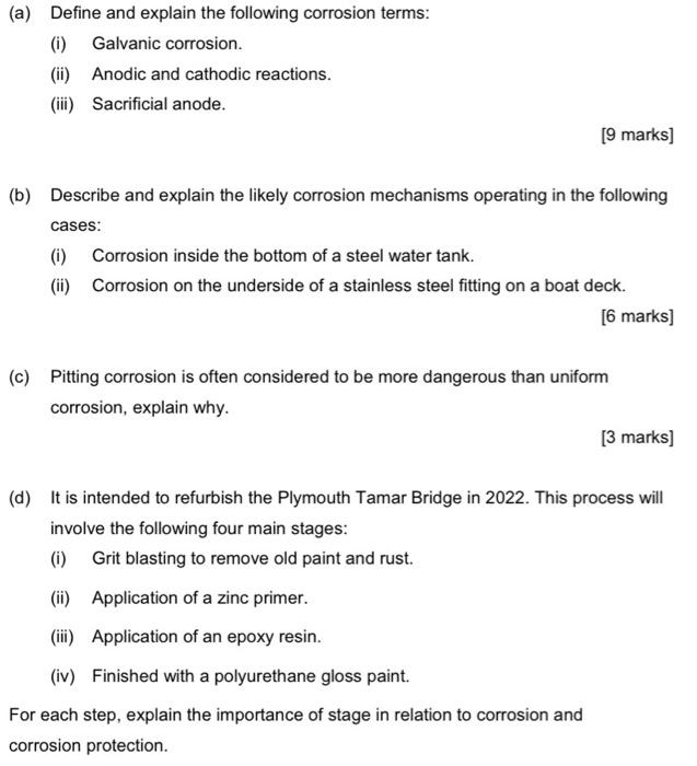 Solved (a) Define and explain the following corrosion terms: | Chegg.com