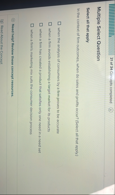 Solved 21 ﻿of 34 ﻿Concepts completed(i)Multiple Select | Chegg.com