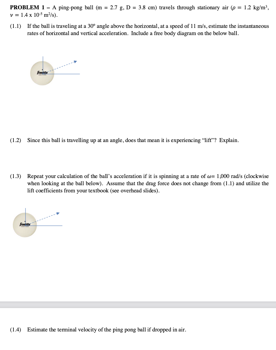Solved PROBLEM 1 - ﻿A ping-pong ball (m=2.7g,D=3.8cm) | Chegg.com