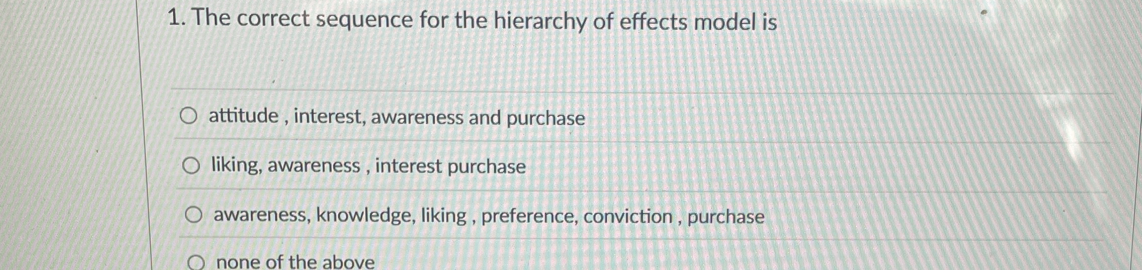 Solved The correct sequence for the hierarchy of effects | Chegg.com