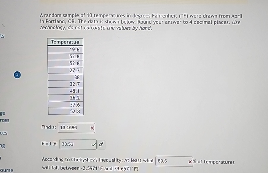 Solved A random sample of 10 ﻿temperatures in degrees | Chegg.com