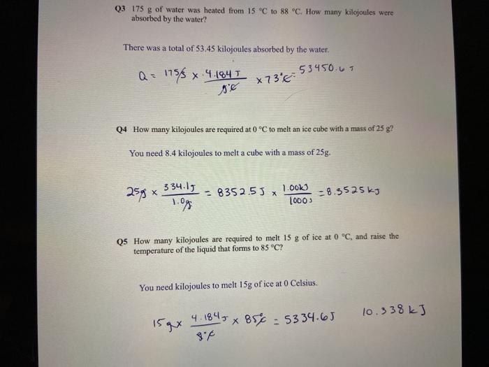 Solved Q3 175 g of water was heated from 15 °C to 88 °C. How | Chegg.com