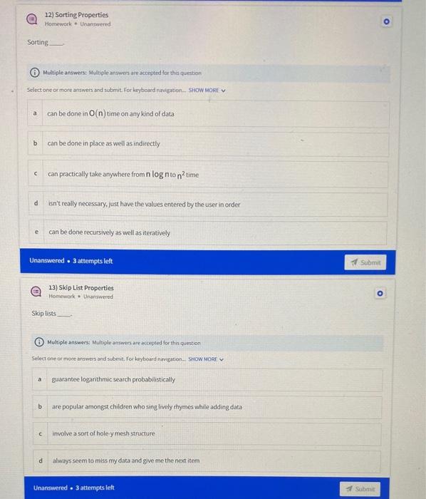 Solved 12) Sorting Properties Homework – Unanswered Sorting | Chegg.com
