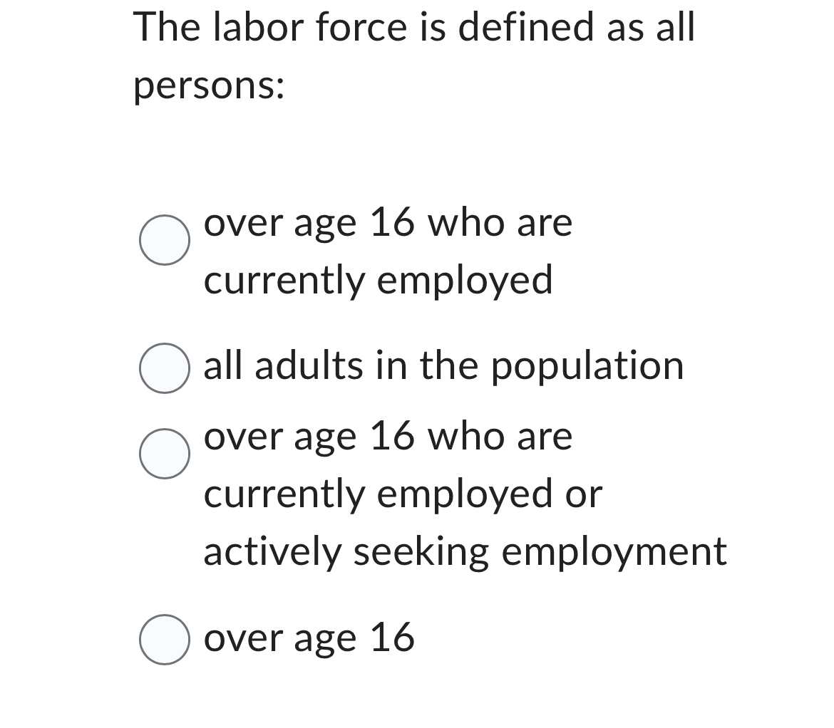 Solved The labor force is defined as all persons:over age 16 | Chegg.com