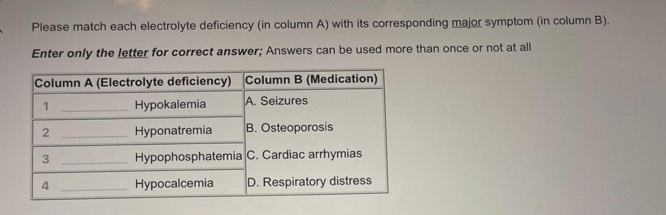 Solved Please match each electrolyte deficiency (in column | Chegg.com