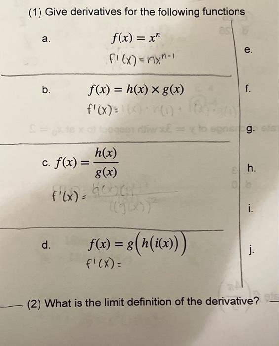 Solved (1) Give derivatives for the following functions a. | Chegg.com