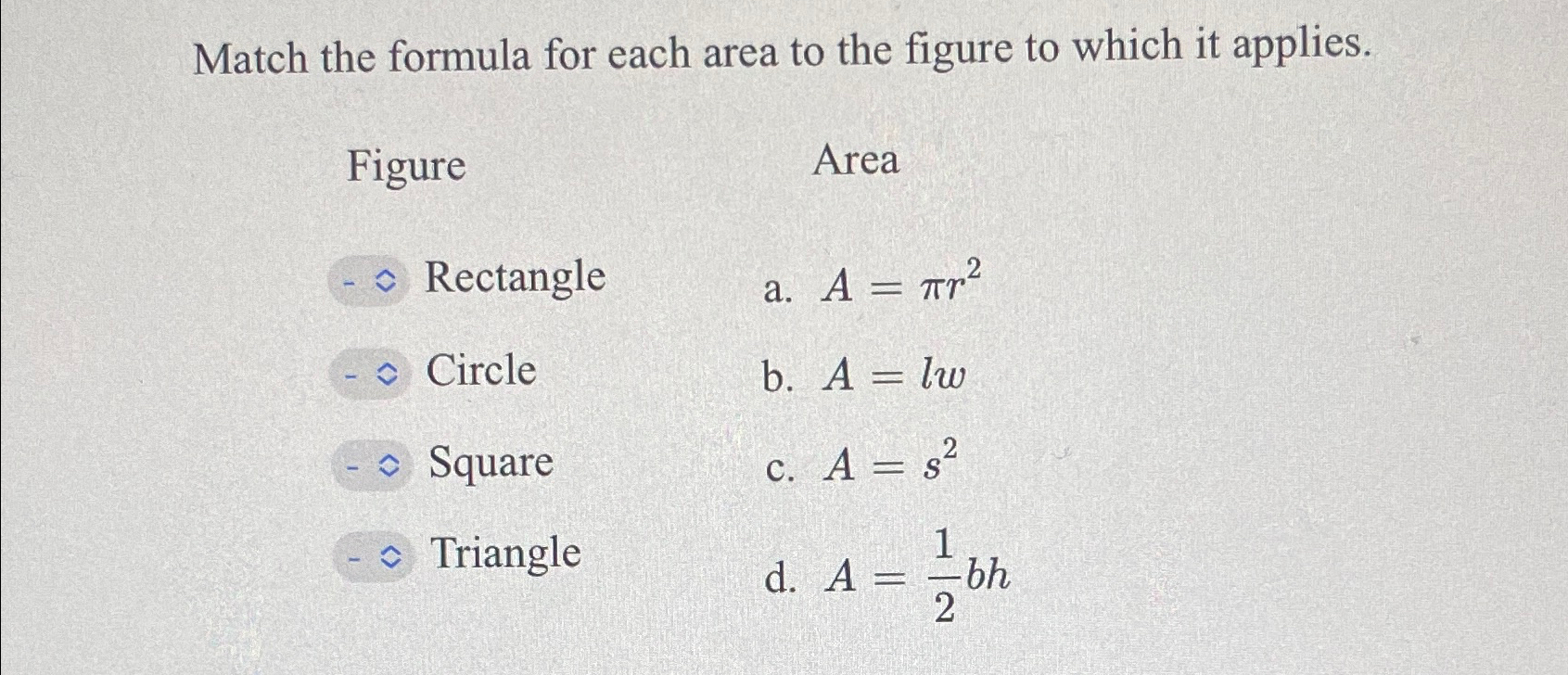 Solved Match the formula for each area to the figure to | Chegg.com