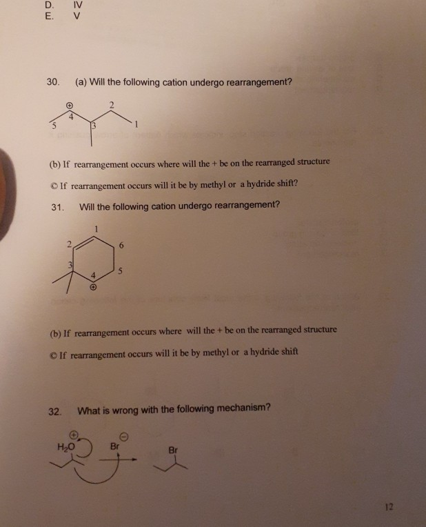 Solved D. IV E. V 30. (a) Will the following cation undergo | Chegg.com