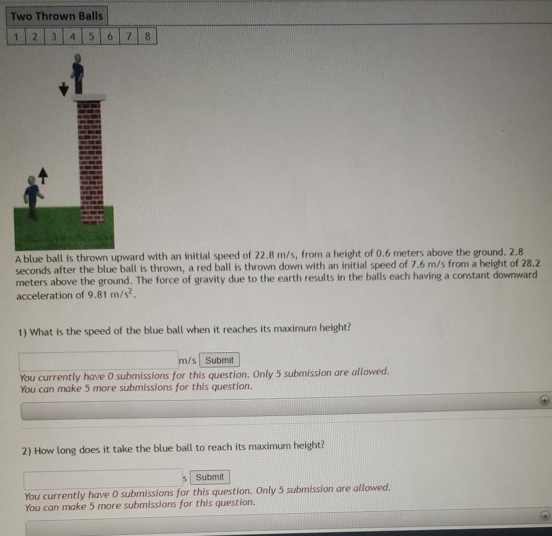 Solved Two Thrown Balls 1 2 3 4 6 7 8 A blue ball is thrown | Chegg.com