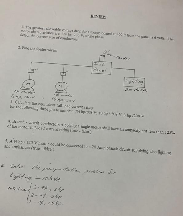 Solved 1. The greatest allowable voltage drop for a motor | Chegg.com
