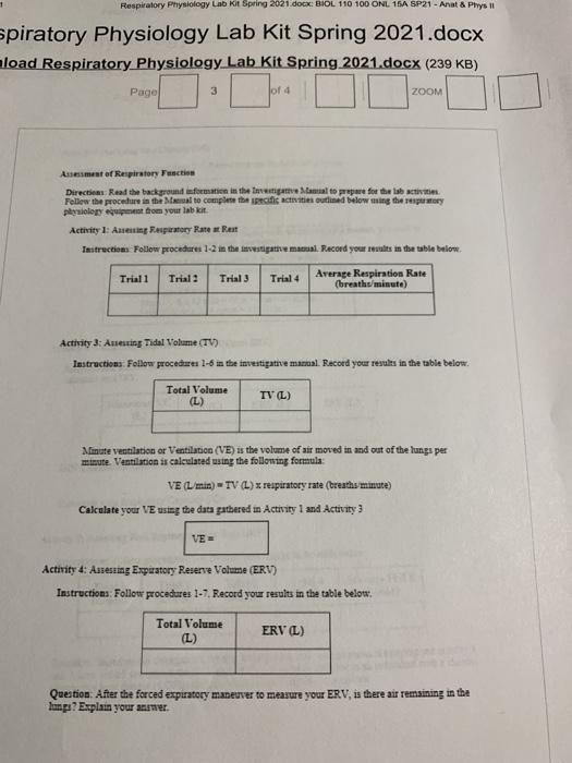 Respiratory Physiology Lab Kit Spring 2021.docx: BIOL | Chegg.com