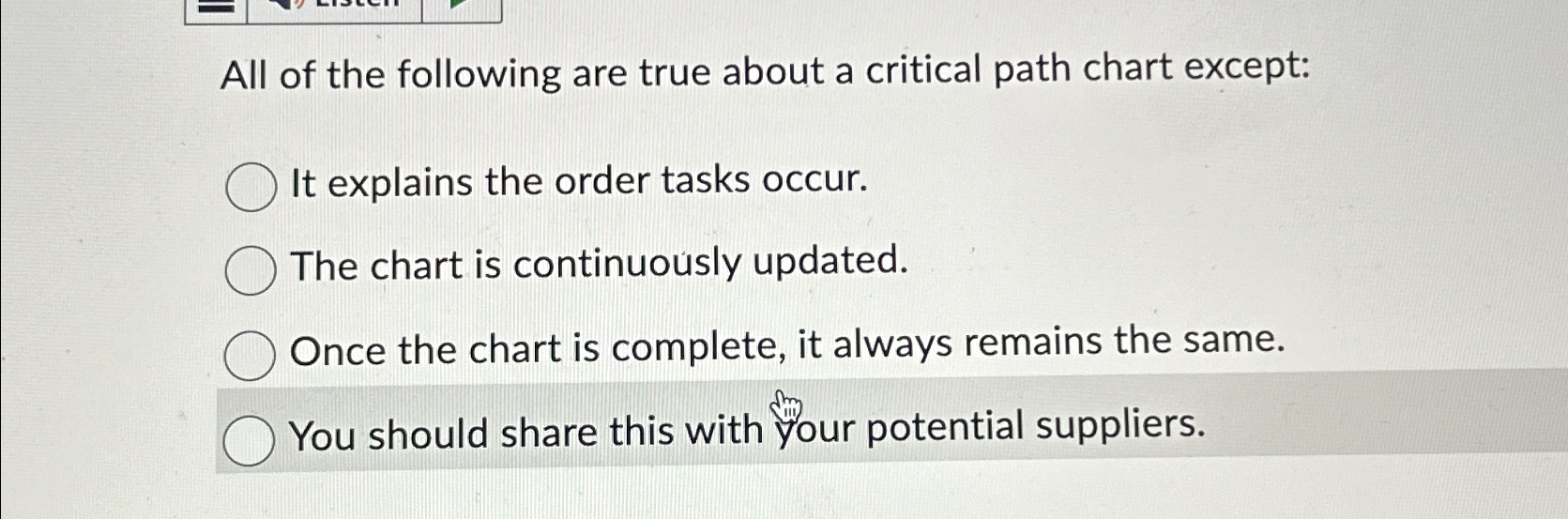 Solved All of the following are true about a critical path | Chegg.com