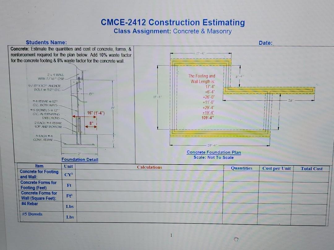 Solved CMCE-2412 Construction Estimating Class Assignment: | Chegg.com