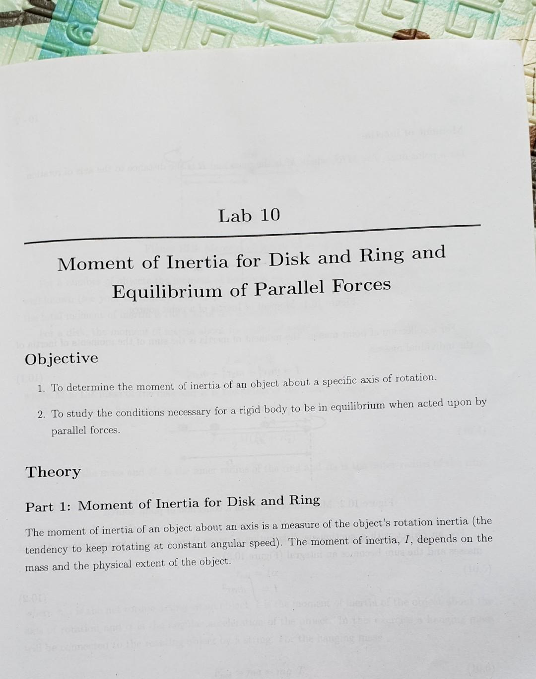 Lab 10 Moment of Inertia for Disk and Ring and | Chegg.com