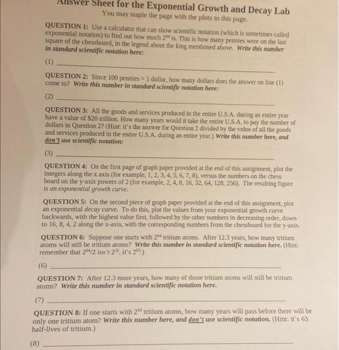 Solved Sheet for the Exponential Growth and Decay Lab You | Chegg.com