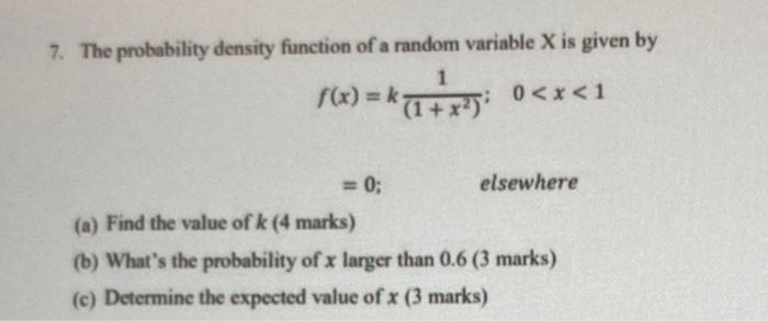 Solved 7. The probability density function of a random | Chegg.com