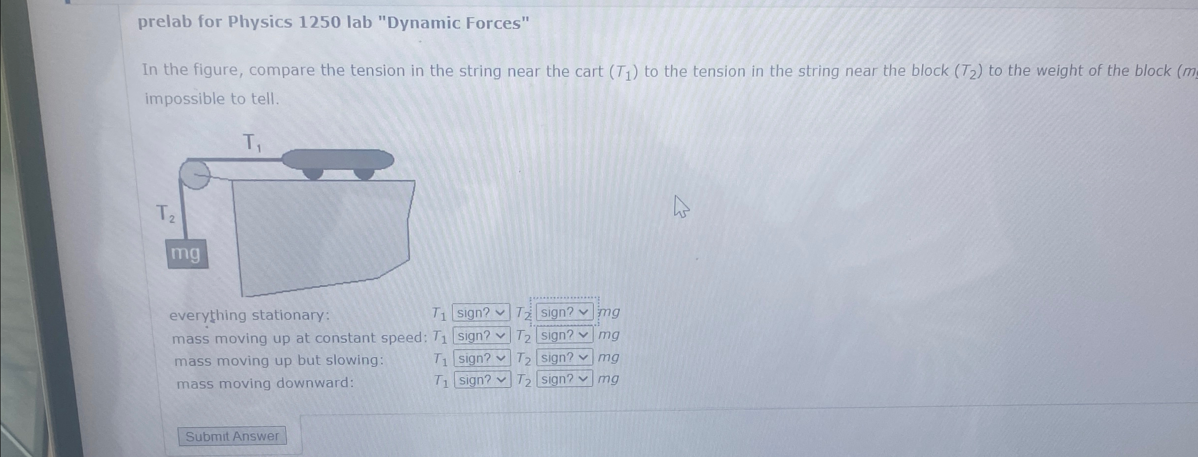 Solved prelab for Physics 1250 ﻿lab "Dynamic Forces"In the | Chegg.com