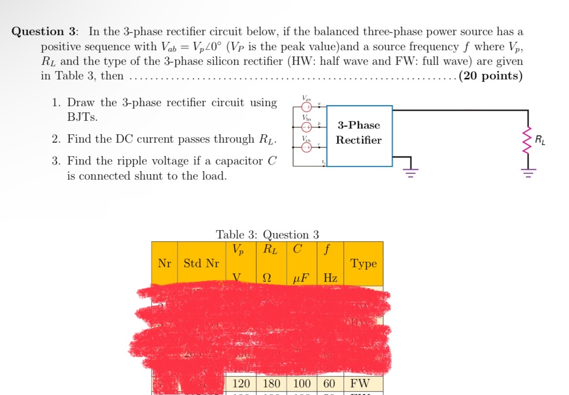 Solved Question 3: In the 3-phase rectifier circuit below, | Chegg.com