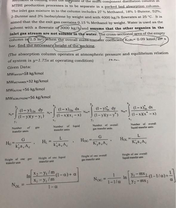Solved Hate of the multi component distillation column in | Chegg.com