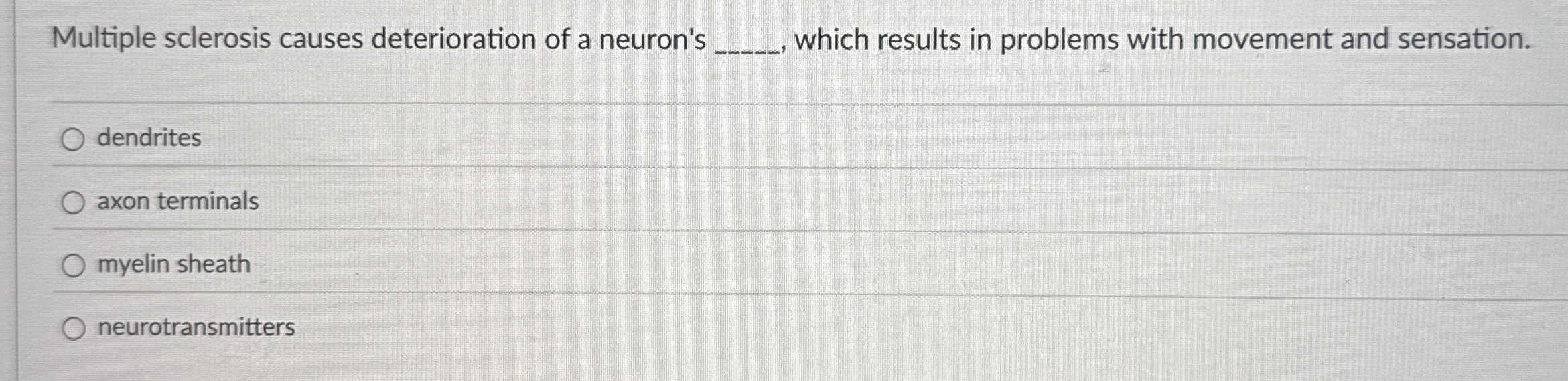 Solved Multiple sclerosis causes deterioration of a neuron's | Chegg.com
